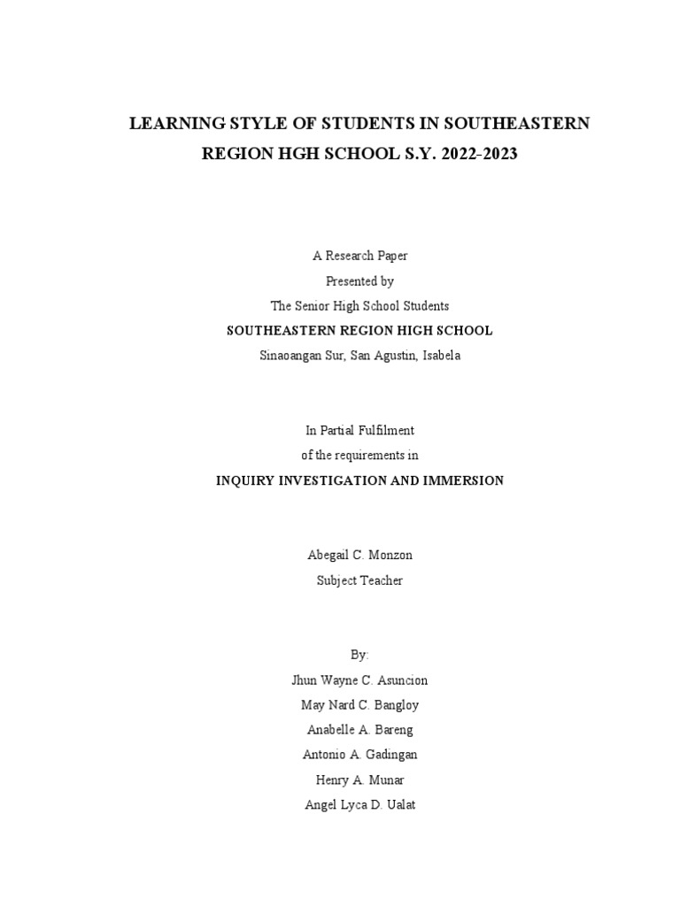 Learning Style of Students in Southeastern REGION HGH SCHOOL S.Y. 2022 ...
