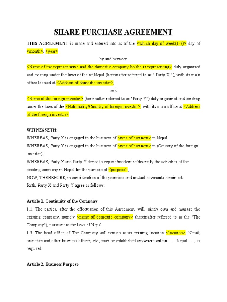 11 Share Purchase Agreement Template | PDF | Stocks | Board Of Directors