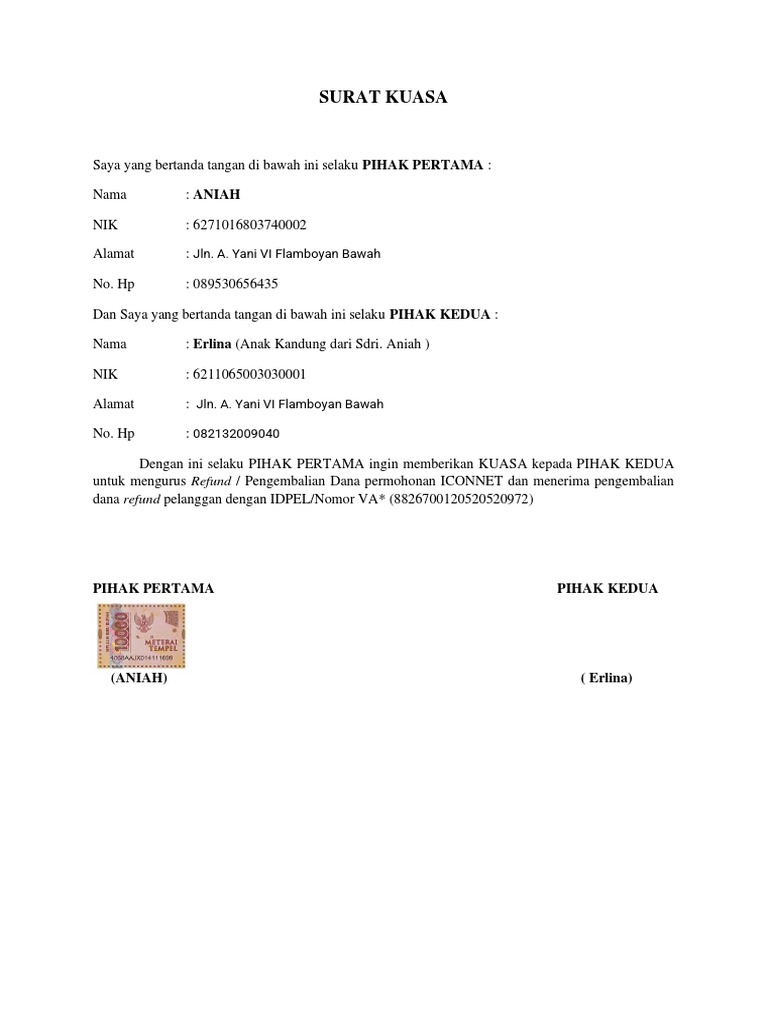 Surat Kuasa Refund Aniah | PDF