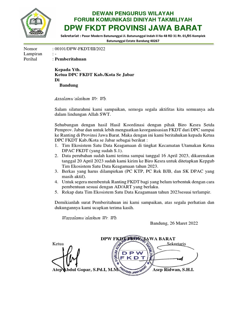 Surat Pemberitahuan Ke DPC FKDT Kokab. 2023 | PDF