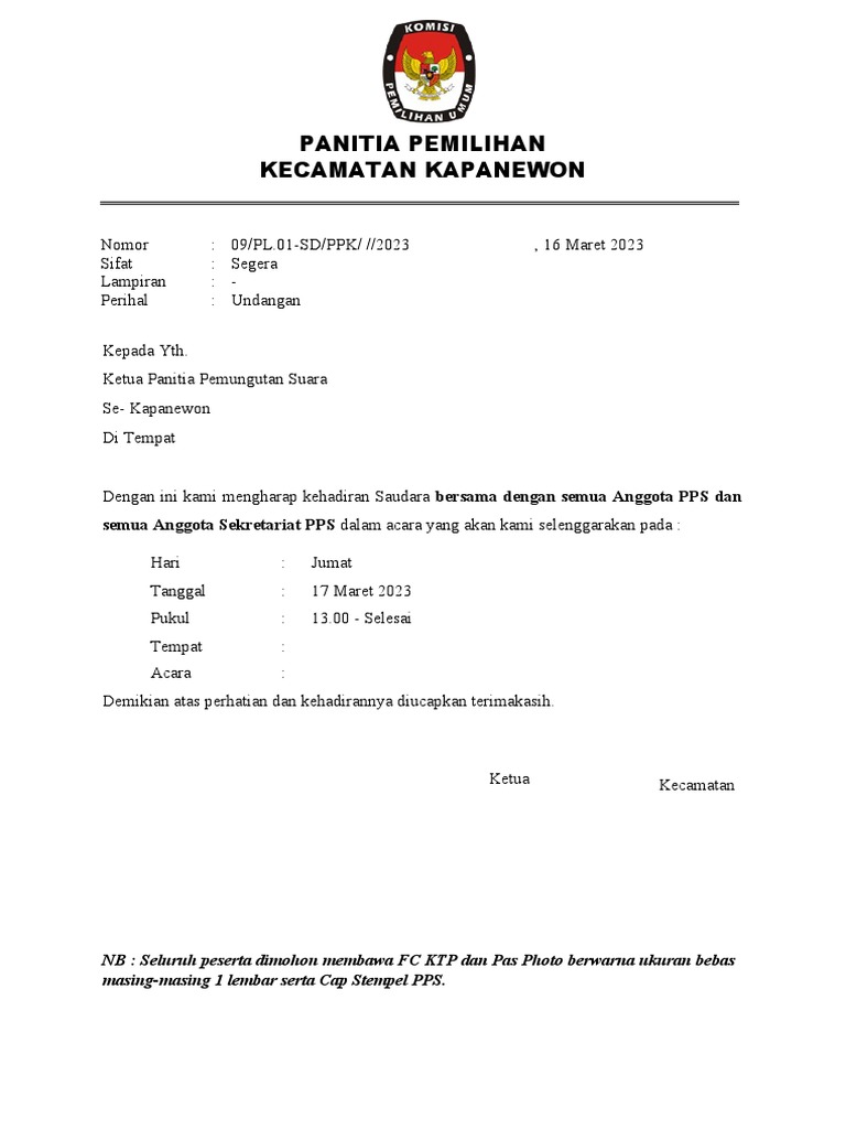 Undangan Rapat PPS Kapanewon 17 Maret | PDF
