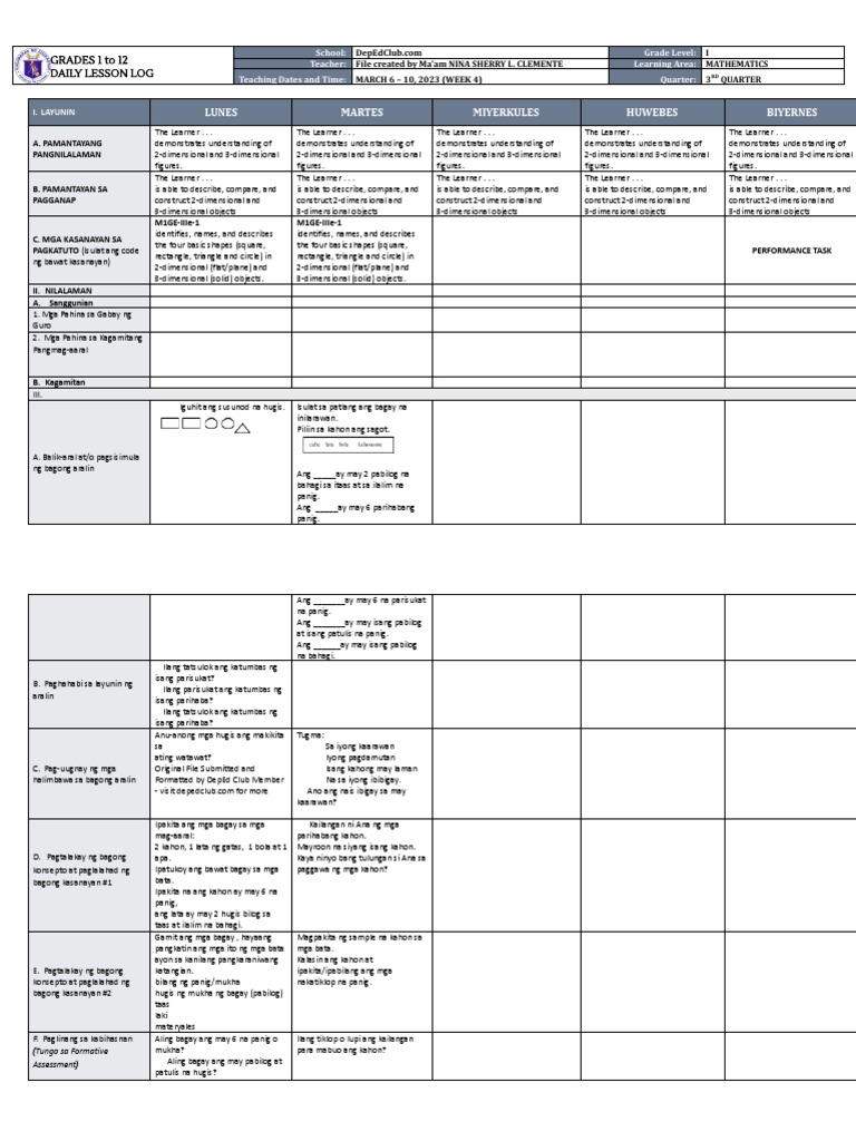 DLL - Mathematics 1 - Q3 - W4 | Download Free PDF | Learning