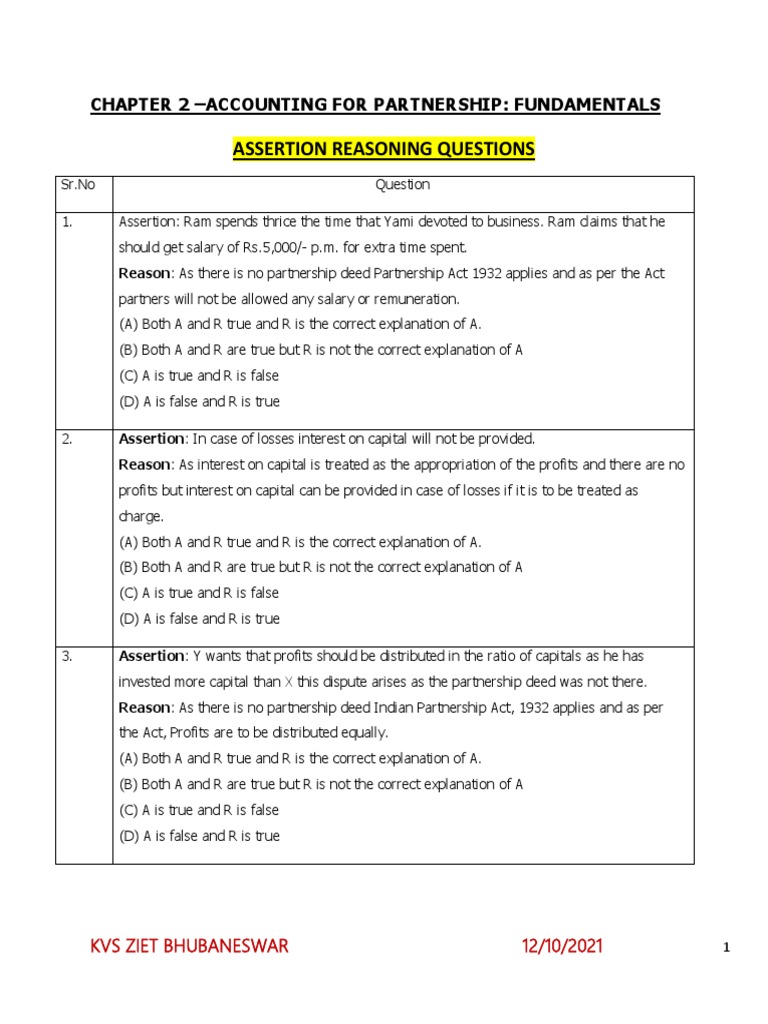 Assertion Reasoning Questions: Chapter 2 - Accounting For Partnership: Fundamentals | PDF ...