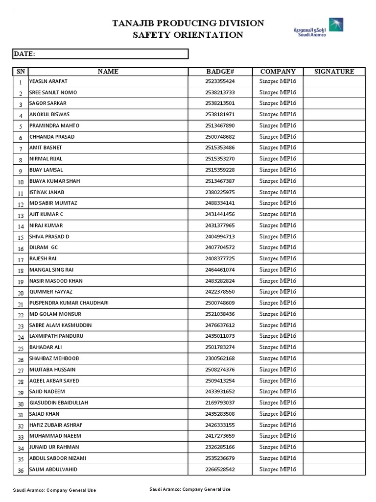 Sinopec Safety Orientation Sign-In Sheet | PDF