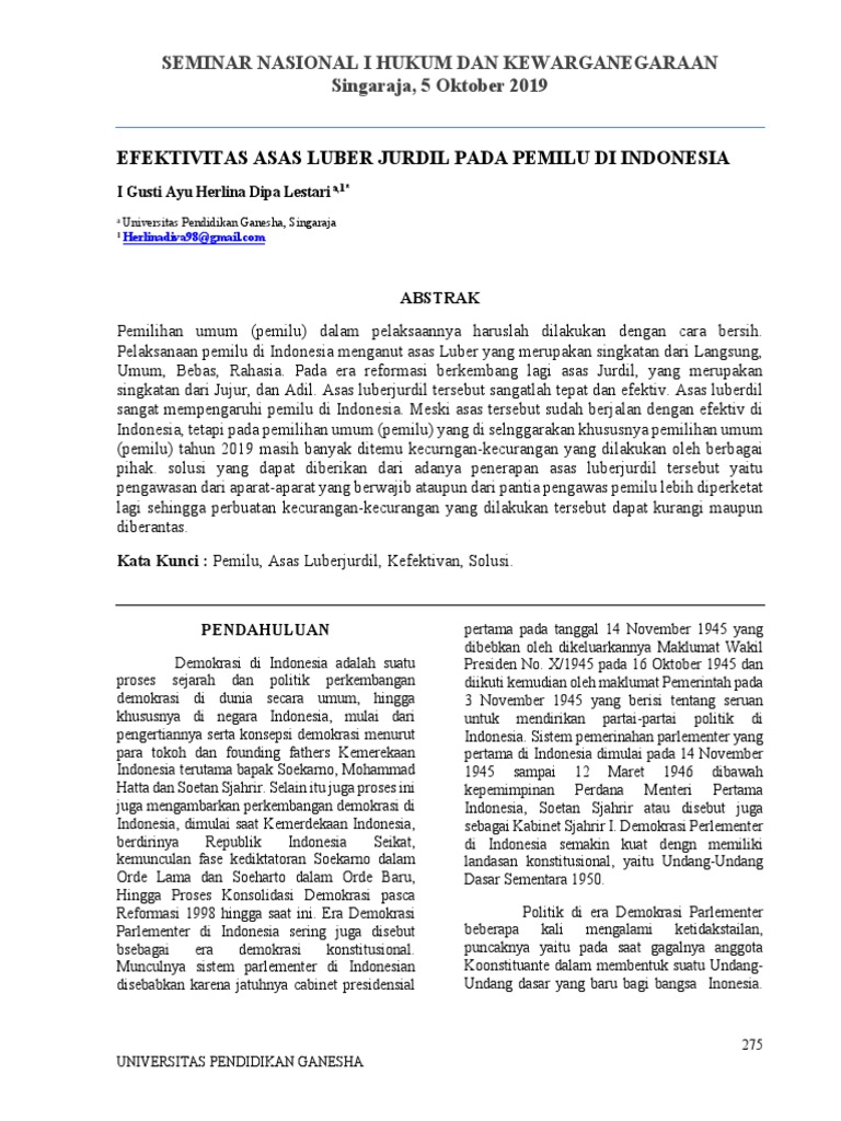 EFEKTIVITAS ASAS LUBER JURDIL DALAM PEMILU DI INDONESIA | PDF