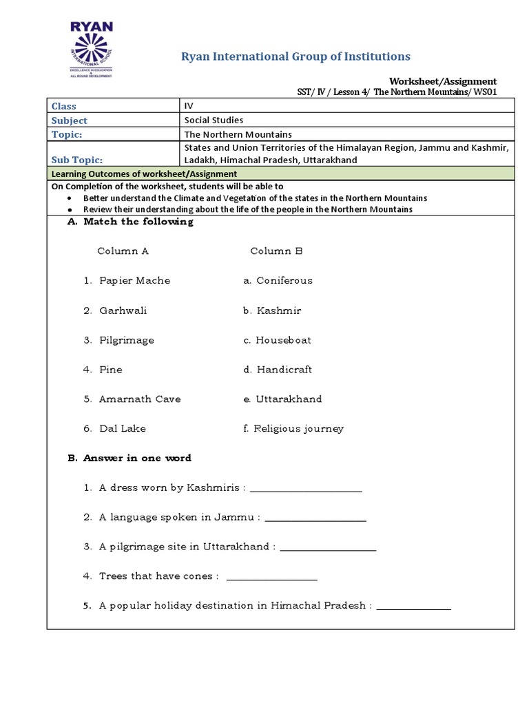 Grade IV - SST - The Northern Mountains - WS01.pdf - Ic44222 | PDF