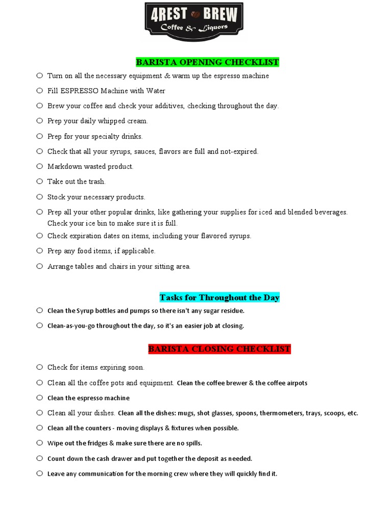 Barista Opening Checklist | PDF | Coffee | Refrigerator
