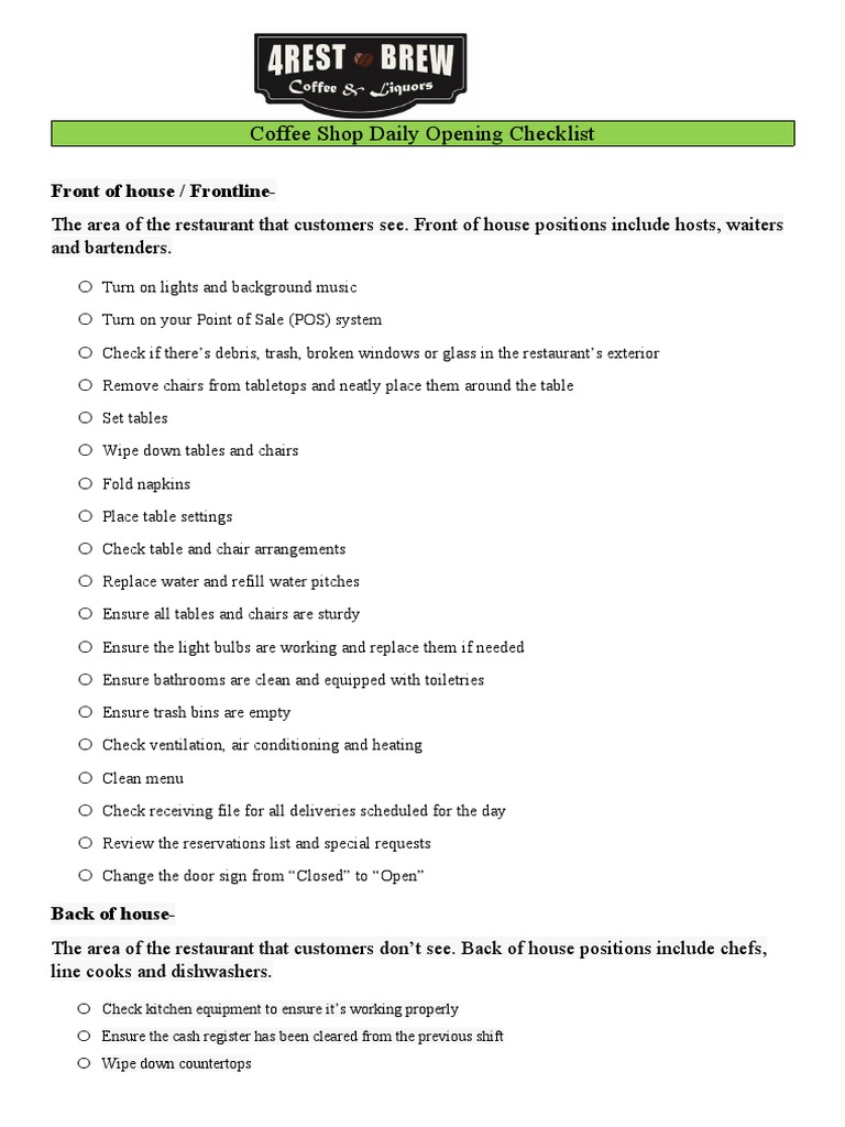 Coffee Shop Daily Opening Checklist Pdf Menu Point Of Sale