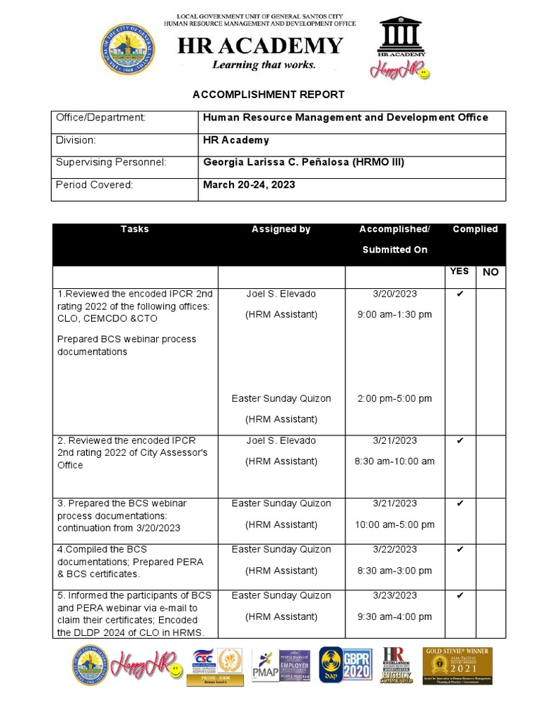 HRA Accomplishment Report Mar. 20 24, 2023, F | PDF