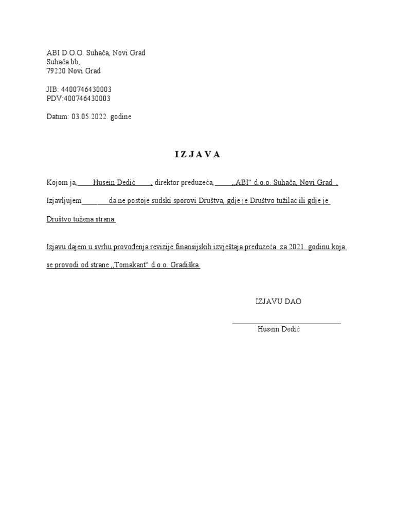 Izjava o Sudskim Sporovima | PDF