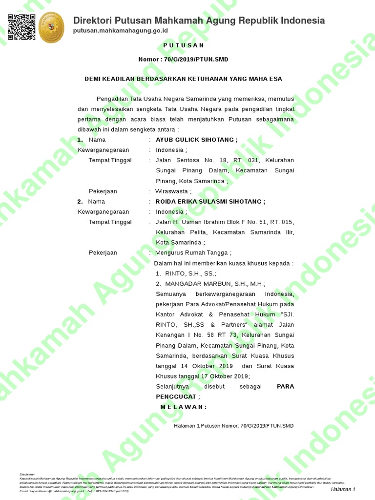 Putusan 70 G 2019 Ptun - SMD 20230228135639 | PDF