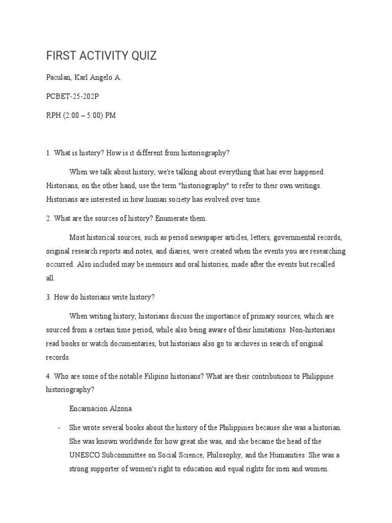 First Activity Quiz | PDF | Historian | Historiography
