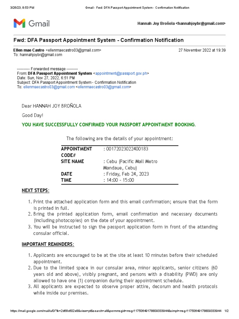Gmail - FWD - DFA Passport Appointment System - Confirmation Notification PDF | PDF | Gmail ...