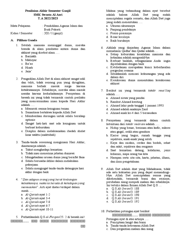 UAS PAI Kelas 12 | PDF
