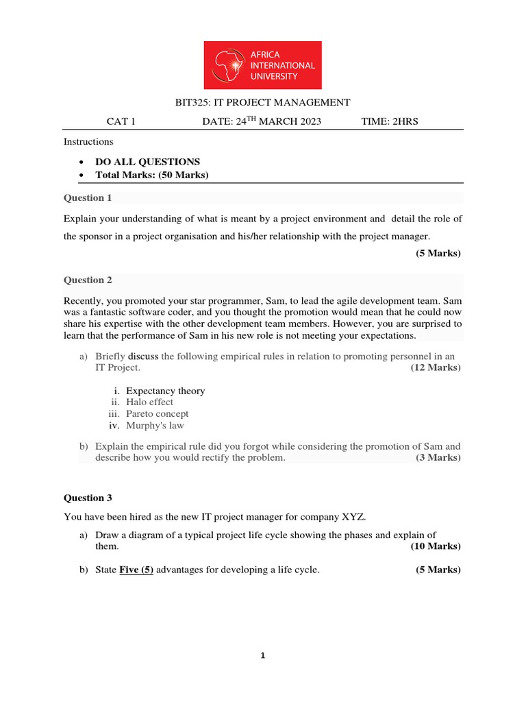 BIT325 IT Project Management - CAT 1 PDF | PDF