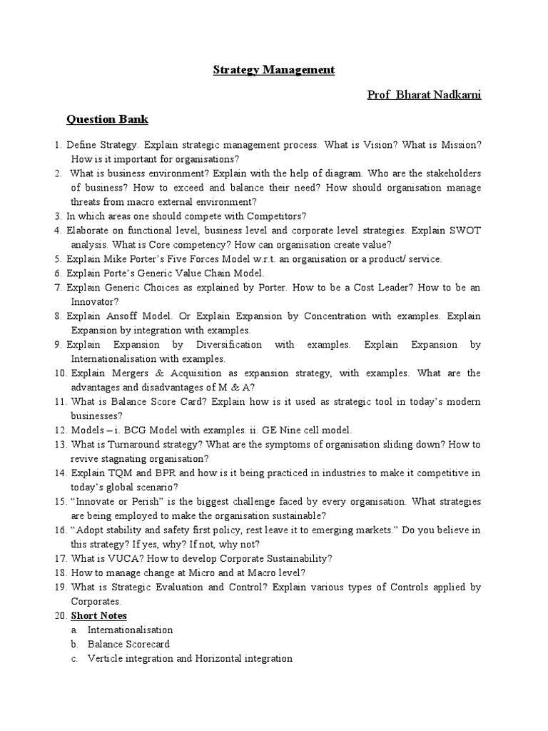 Strategic Management Question Bank Prof Bharat Nadkarni | PDF ...