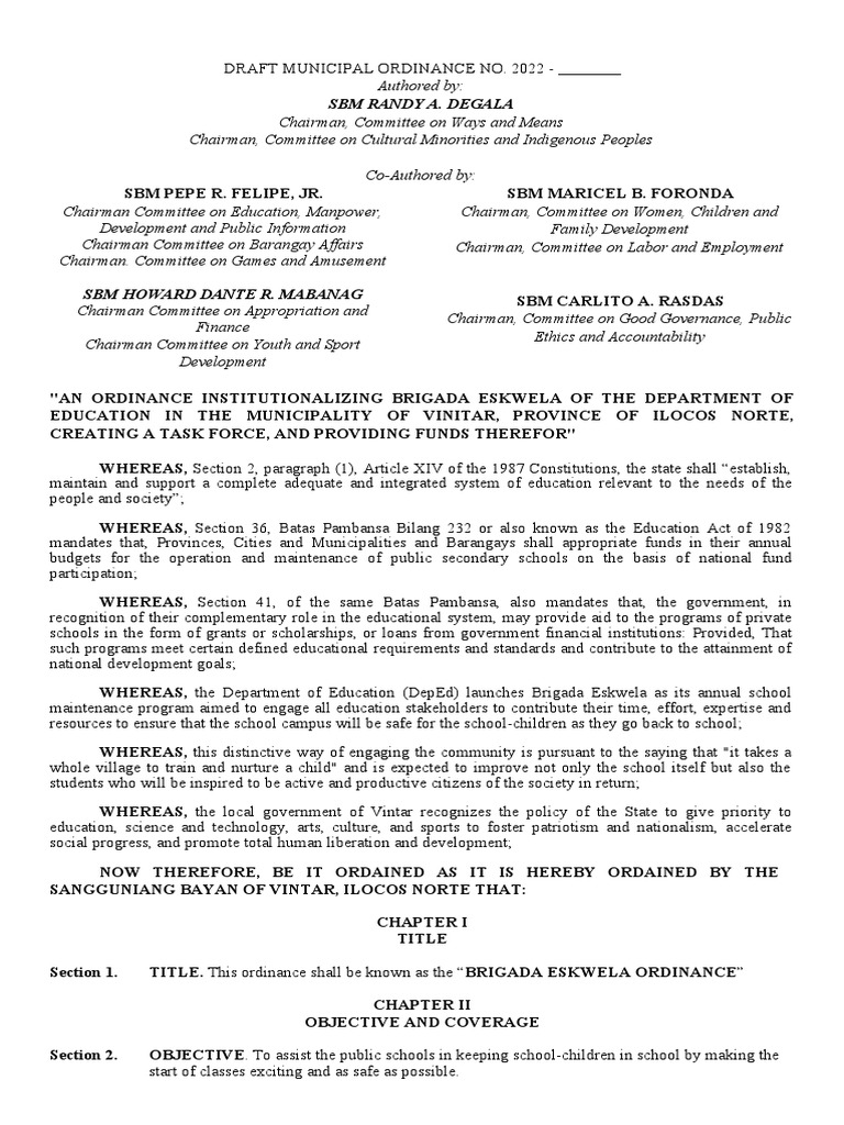 Draft Municipal Ordinance No. 2022-05 (Brigada Eskwela) | PDF ...
