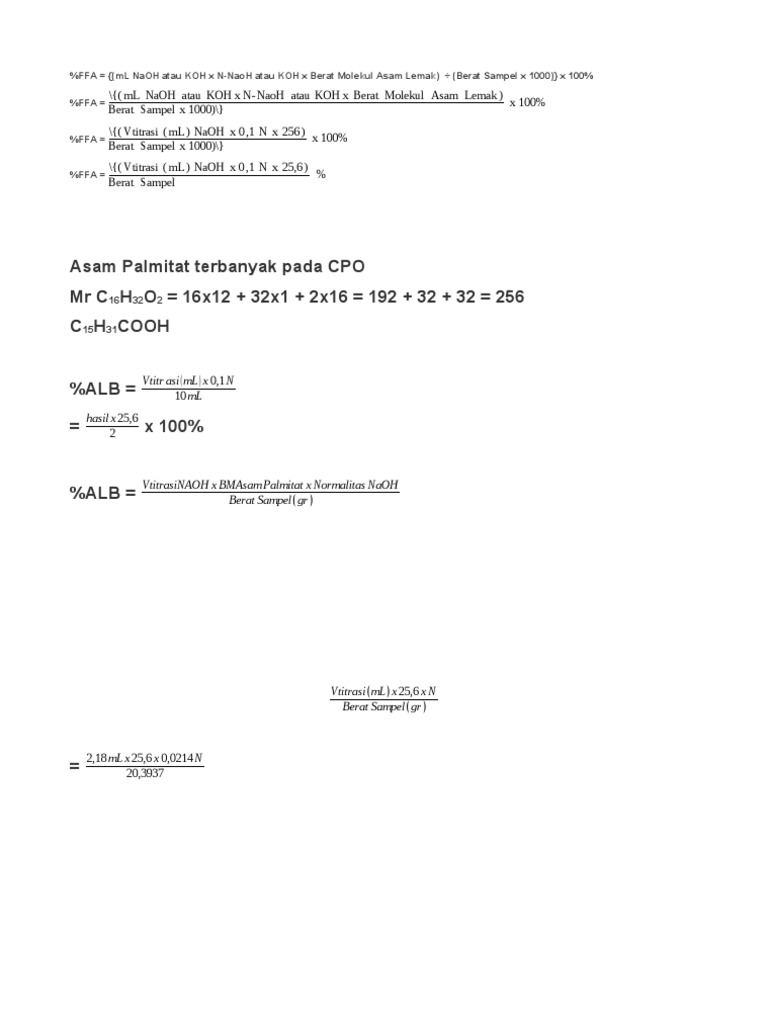 Rumus Perhitungan %FFA dan Asam Palmitat | PDF | Memasak, Makanan ...