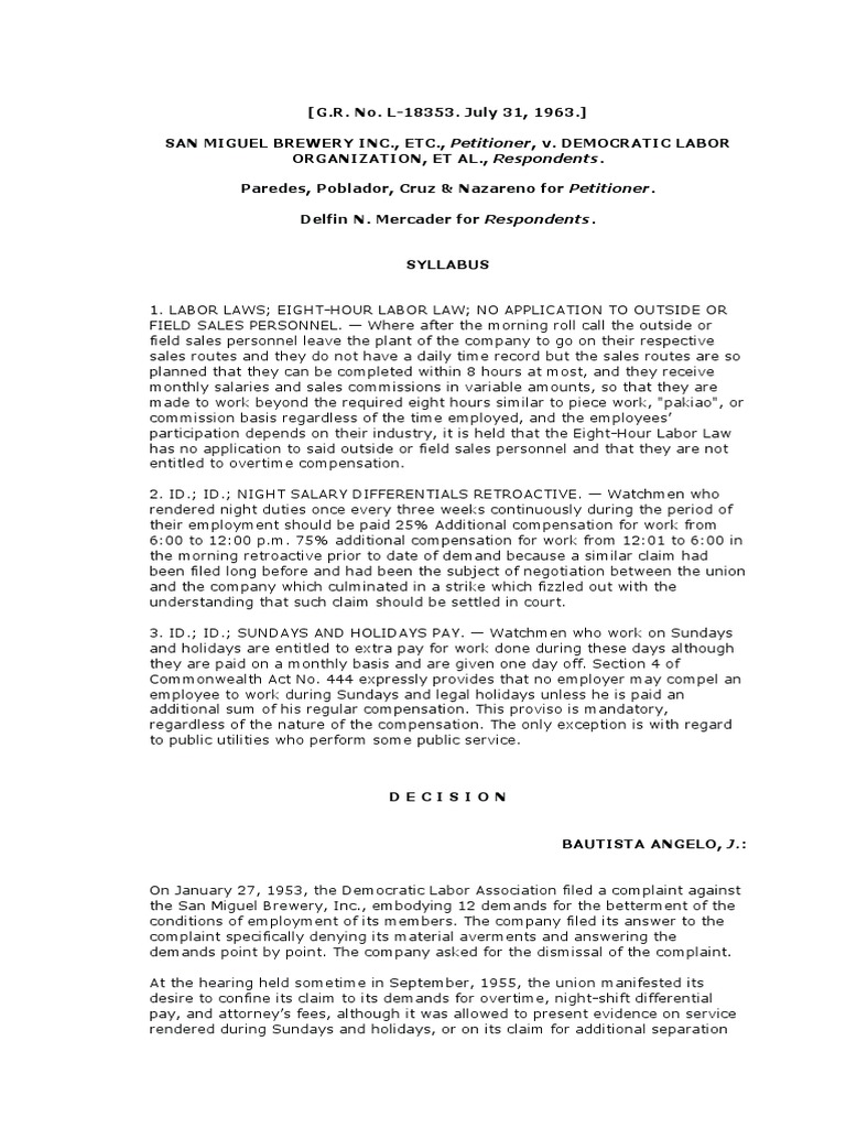 San Miguel Brewery Labor Law Ruling | PDF | Overtime | Employment