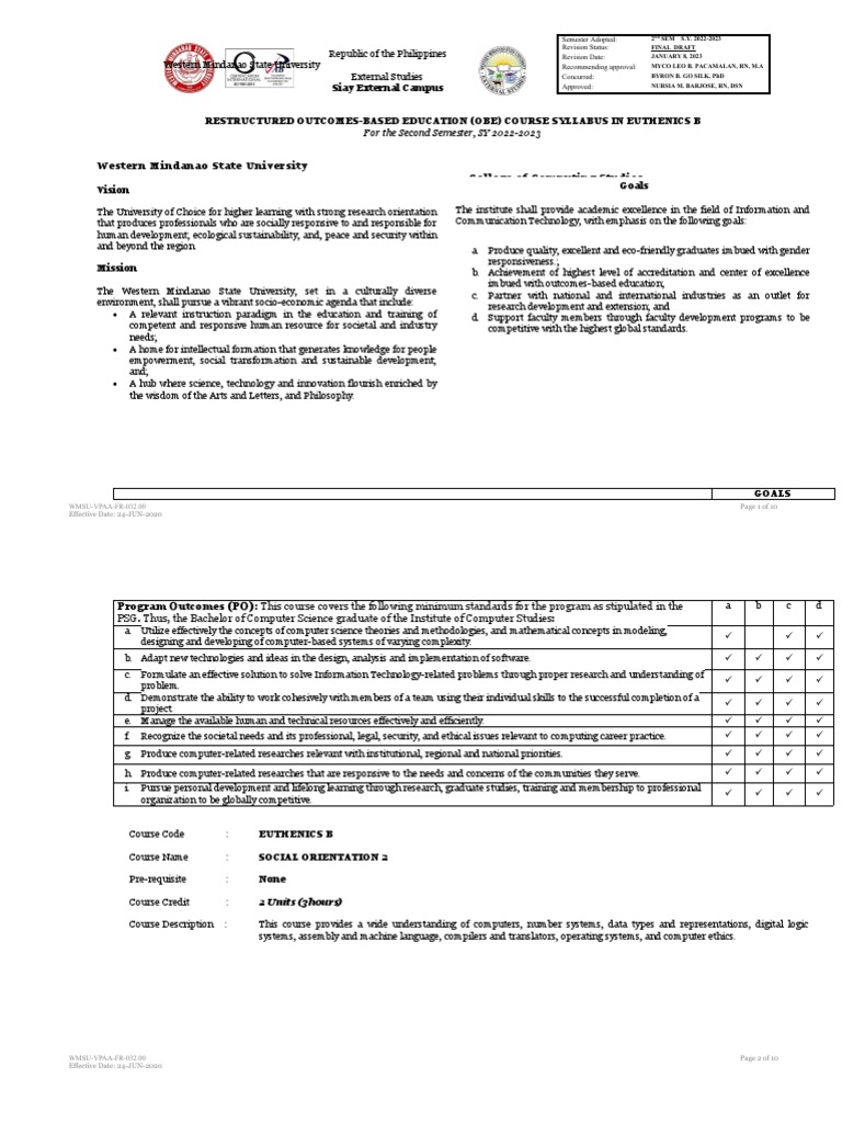 Restructured OBE Course Syllabus in Euthenics | PDF | Lecture | Online And Offline