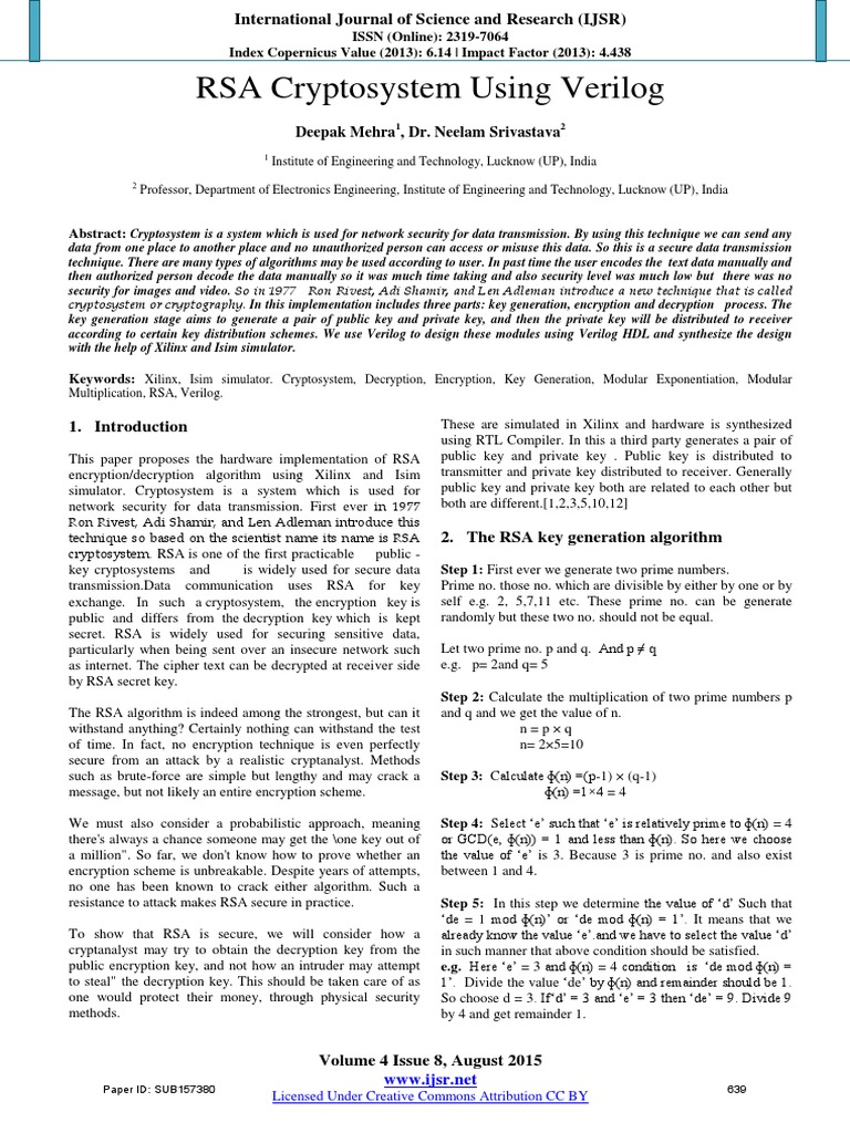 Hardware Implementation of RSA Encryption and Decryption Using Verilog ... Hardware Implementation of RSA Encryption and Decryption Using Verilog ...