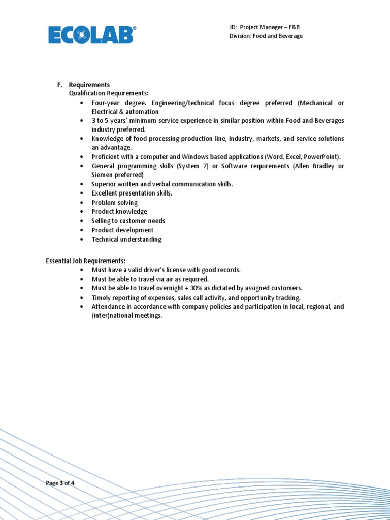 Ecolab - Food & Beverages Project Manager | PDF