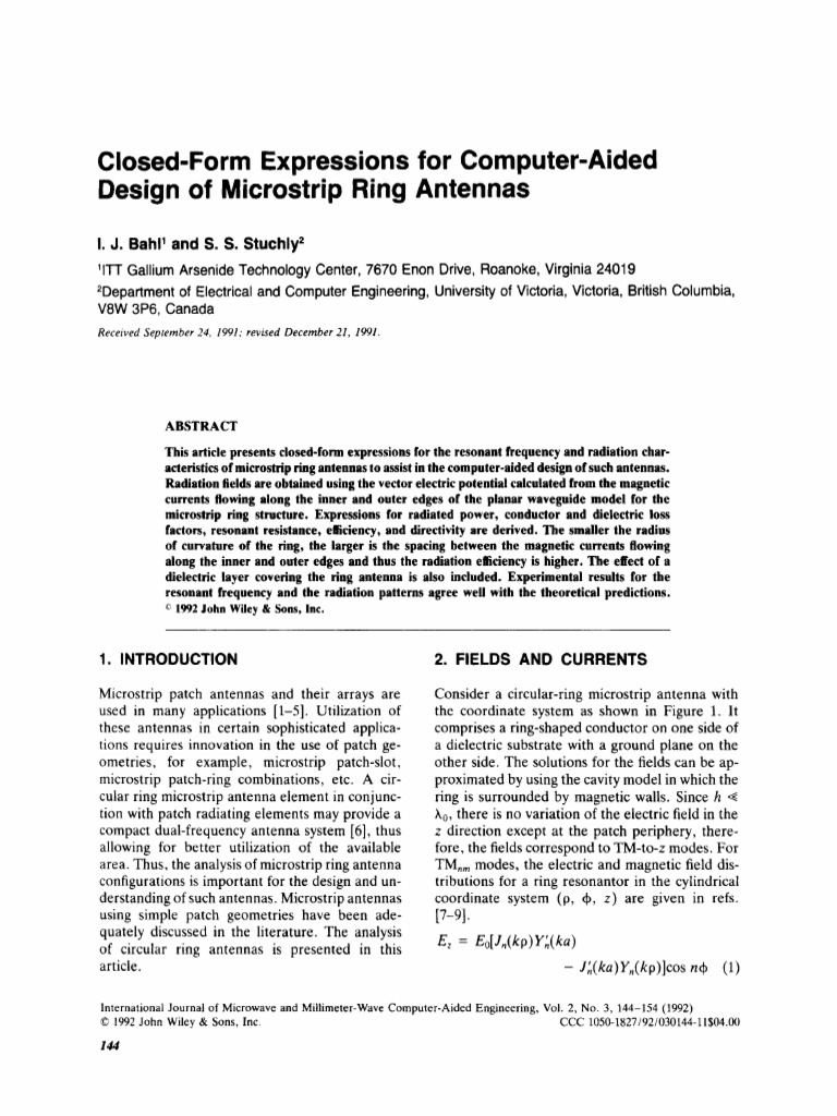 Closed-Form Expressions For Computer-Aided Design of Microstrip Ring Antennas | PDF | Antenna ...