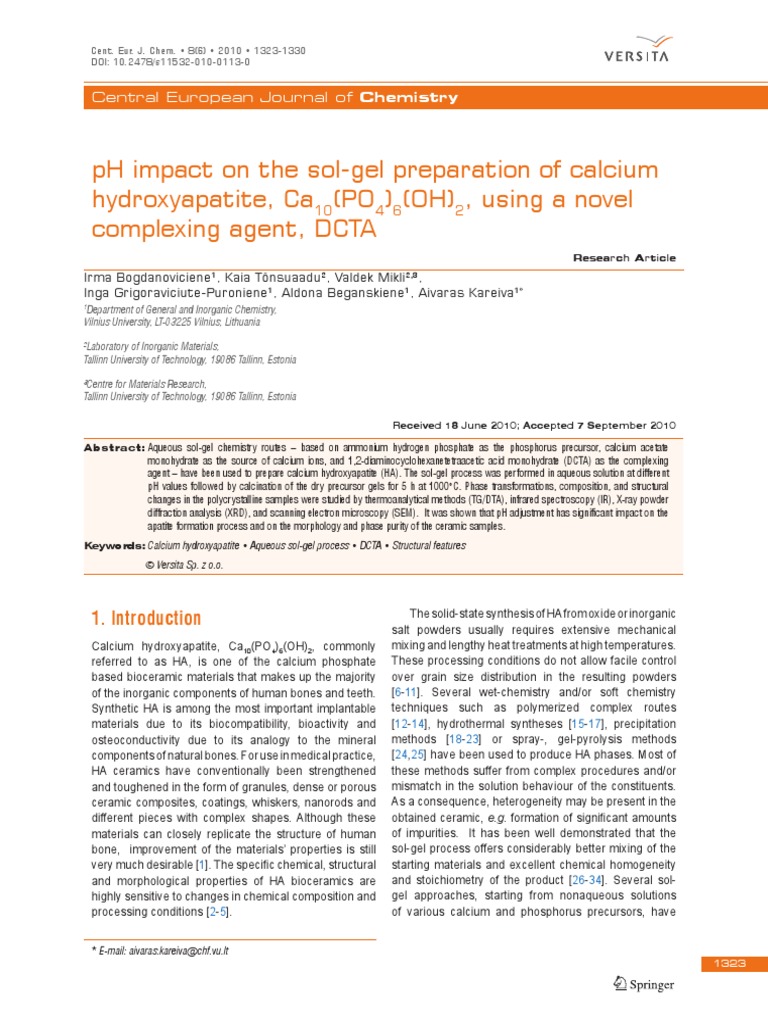 Ph Impact On The Sol Gel Preparation Of Calcium Hydroxyapatite Ca10 Po4 6 Oh 2 Using A Novel