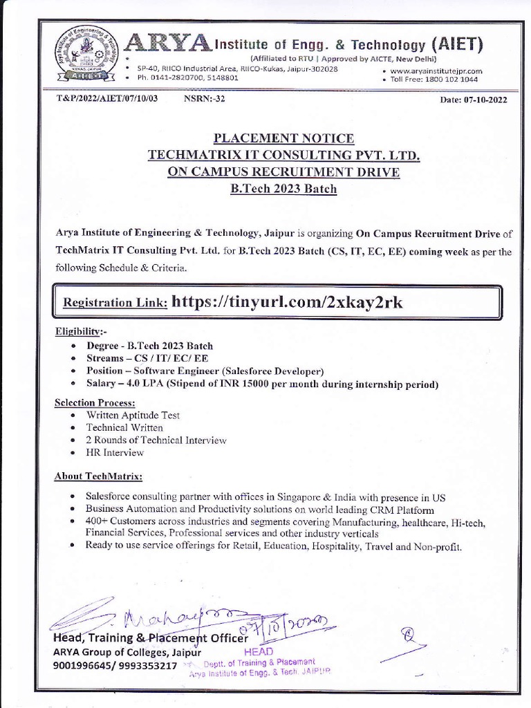 Techmatrix It Consulting Pvt Ltd Campus Recruitment For B Tech 2023