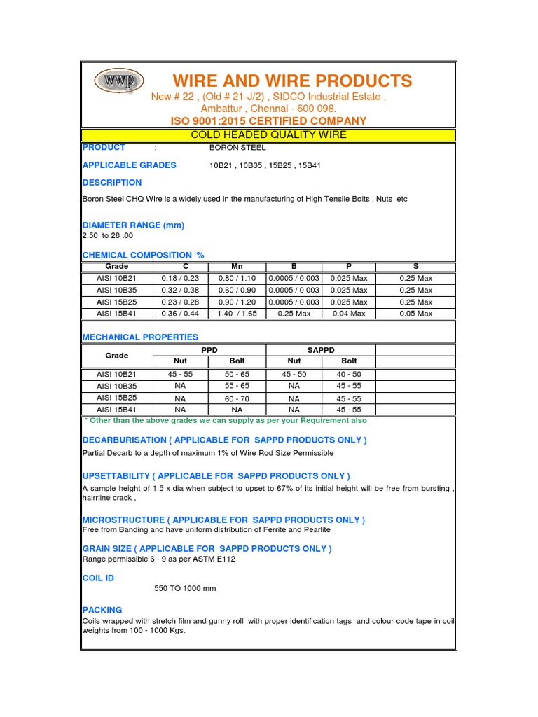 Boron Steel CHQ Catalogue | PDF