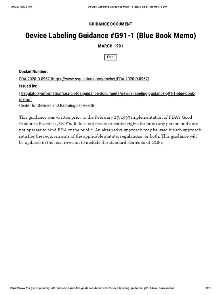 Device Labeling Guidance #G91-1 (Blue Book Memo) - FDA | PDF | Federal Food | Food And Drug ...