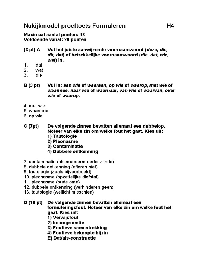 Proeftoets Formuleren Antwoordmodel | PDF