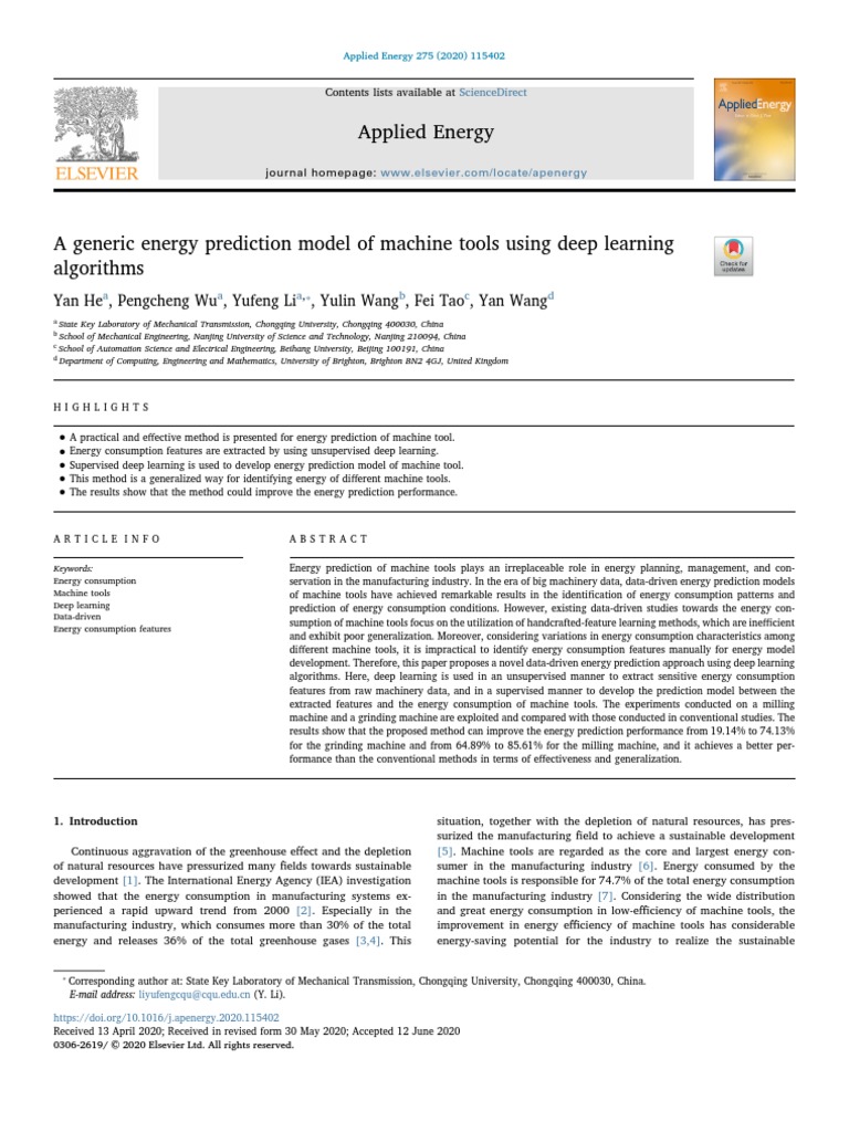 A Generic Energy Prediction Model Of Machine Tools Using Deep Learning Pdf Deep Learning