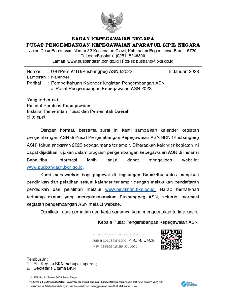 Pemberitahuan Kalender 2023 Pusbangpeg ASN Untuk KLD PDF | PDF