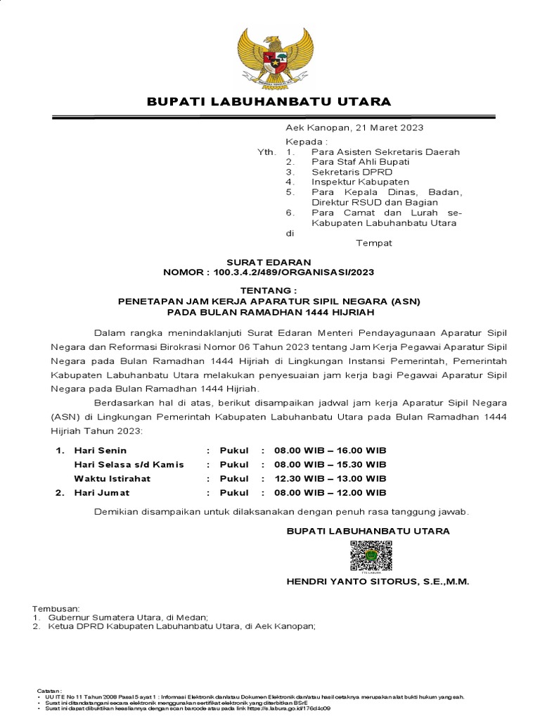 Surat Edaran Jam Kerja ASN Pemkab Labura Ramadhan 1444 H PDF | PDF