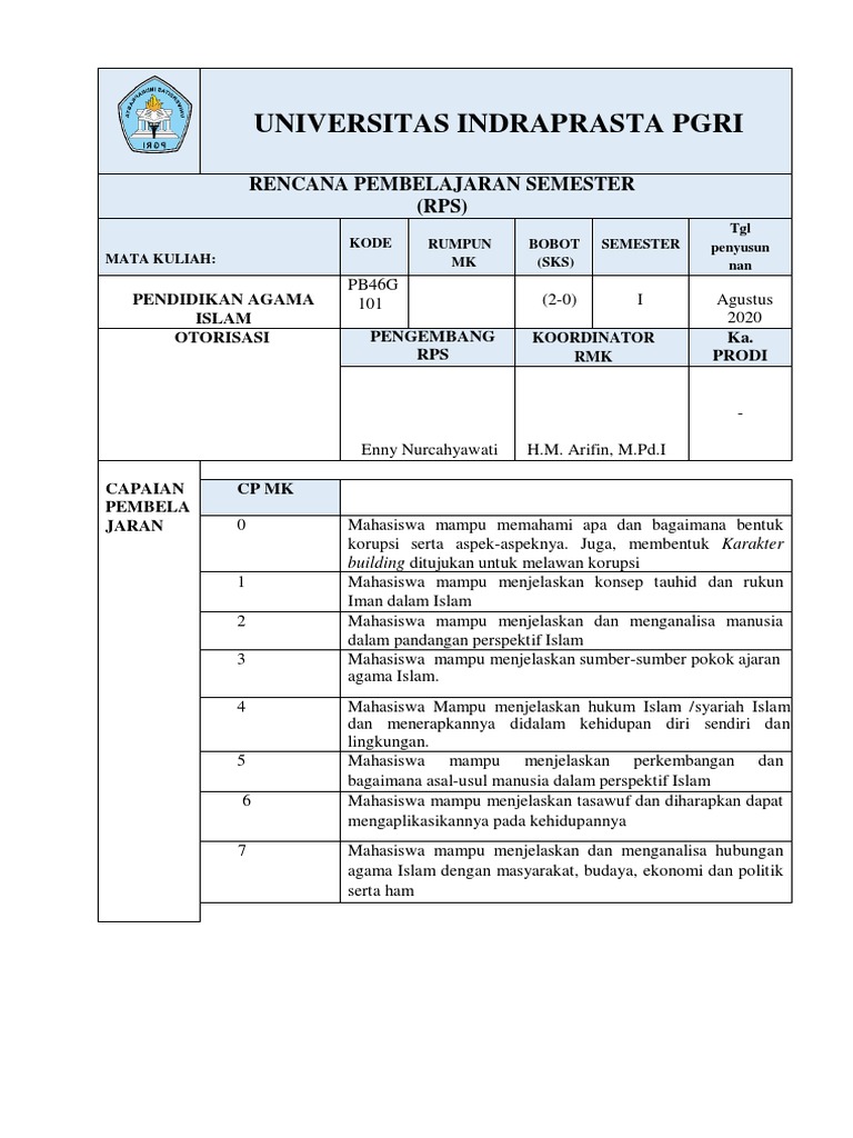 RPS Pendidikan-Agama-Islam SemesterGanjil ANTIKORUPSI 2020-2021 | PDF