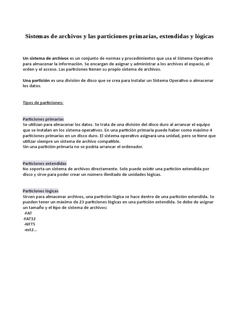 Sistemas de Archivos y Las Particiones Primarias, Extendidas y Lógicas ...