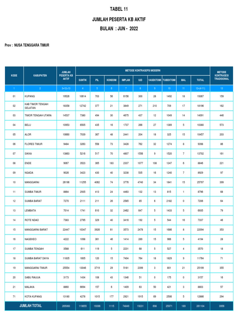 Statistik Peserta KB Aktif NTT Juni 2022 | PDF