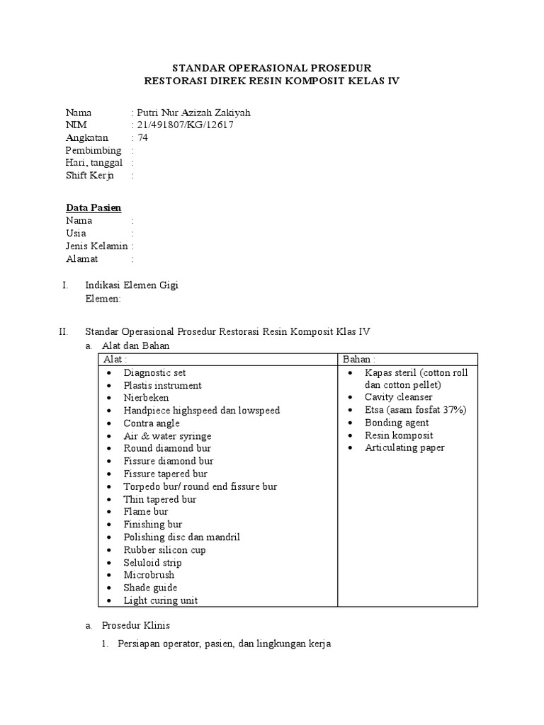SOP Restorasi RK Klas IV Klinik | PDF