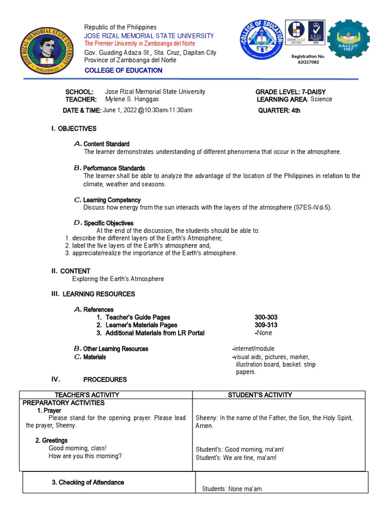 Layer of The Earth Atmosphere Final Lesson Plan G7 Science Final Demo Mylene | PDF | Atmosphere ...