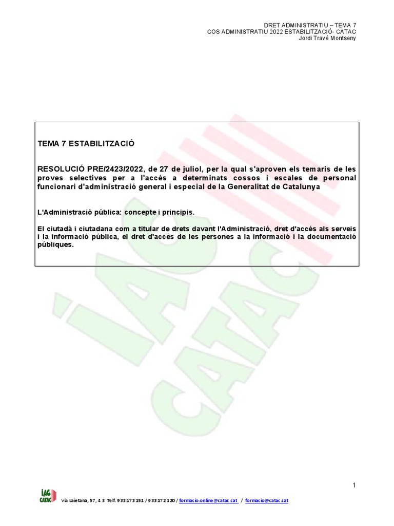 Tema 7 Administratiu Estabilitzacio Catac 2022 | PDF