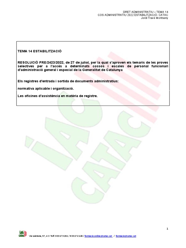 Tema 14 Administratiu Estabilització Catac 2022 | PDF