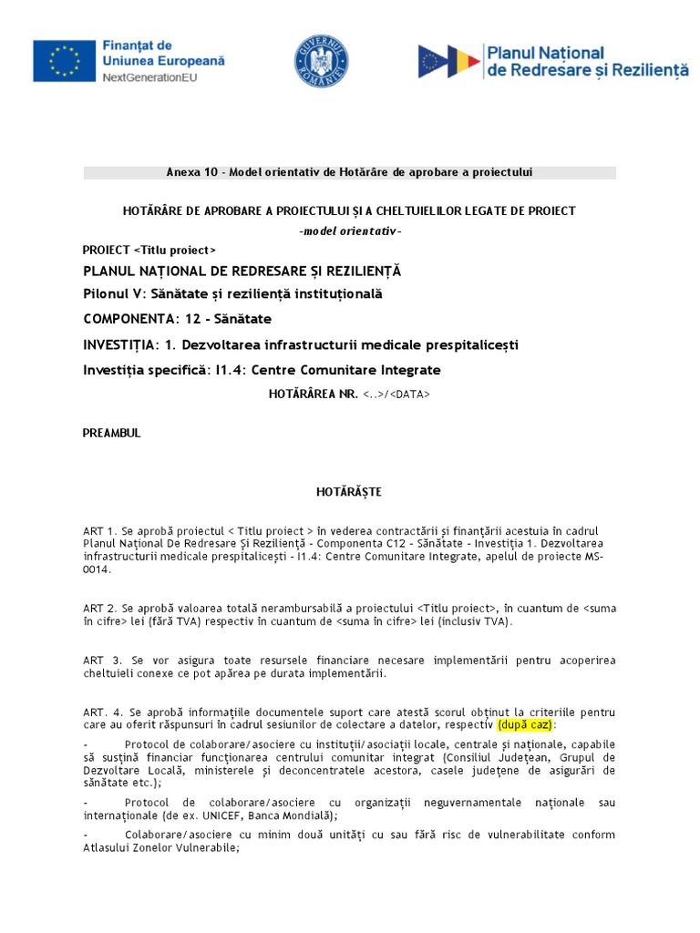Anexa 10 Model Orientativ de Hotărâre de Aprobare A Proiectului | PDF