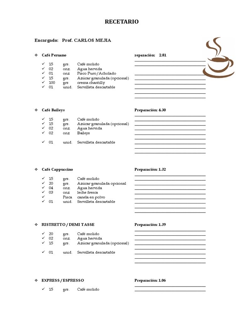 Recetario Cafe Costos | PDF | Nutrición | Dieta y nutrición