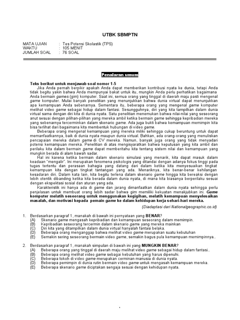 Soal TPS Utbk TPS | PDF