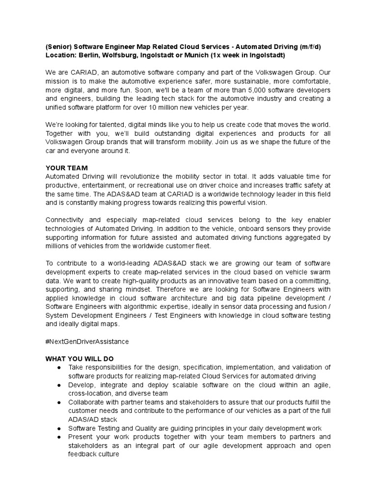 (Senior) Software Engineer Map Related Cloud Services - Automated ...