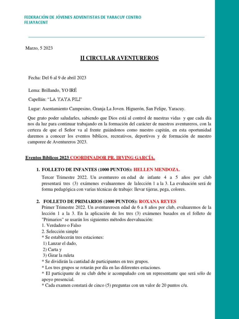 2da Circular de Aventureros 2023 | PDF | Biblia