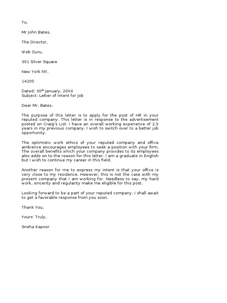 Letter of Intent For A Job Template-79013 | PDF