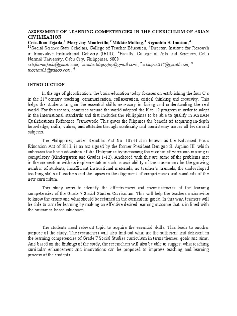 Assessing Grade 7 Asian Civilization Curriculum | PDF | Educational ...