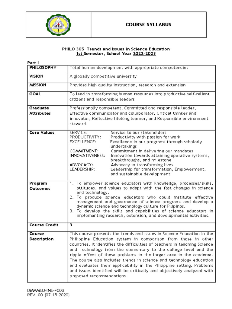 PHILO 305 ISO Course Syllabus in Trends and Issues in Science Education | PDF | Science ...